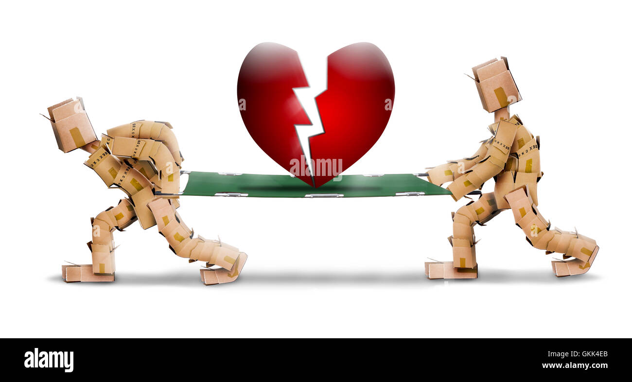 Broken heart carried on a stretcher by box men Stock Photo - Alamy