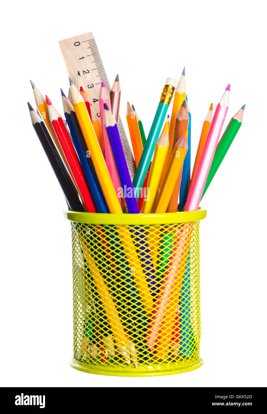 basket with colored pencils on white background Stock Photo - Alamy