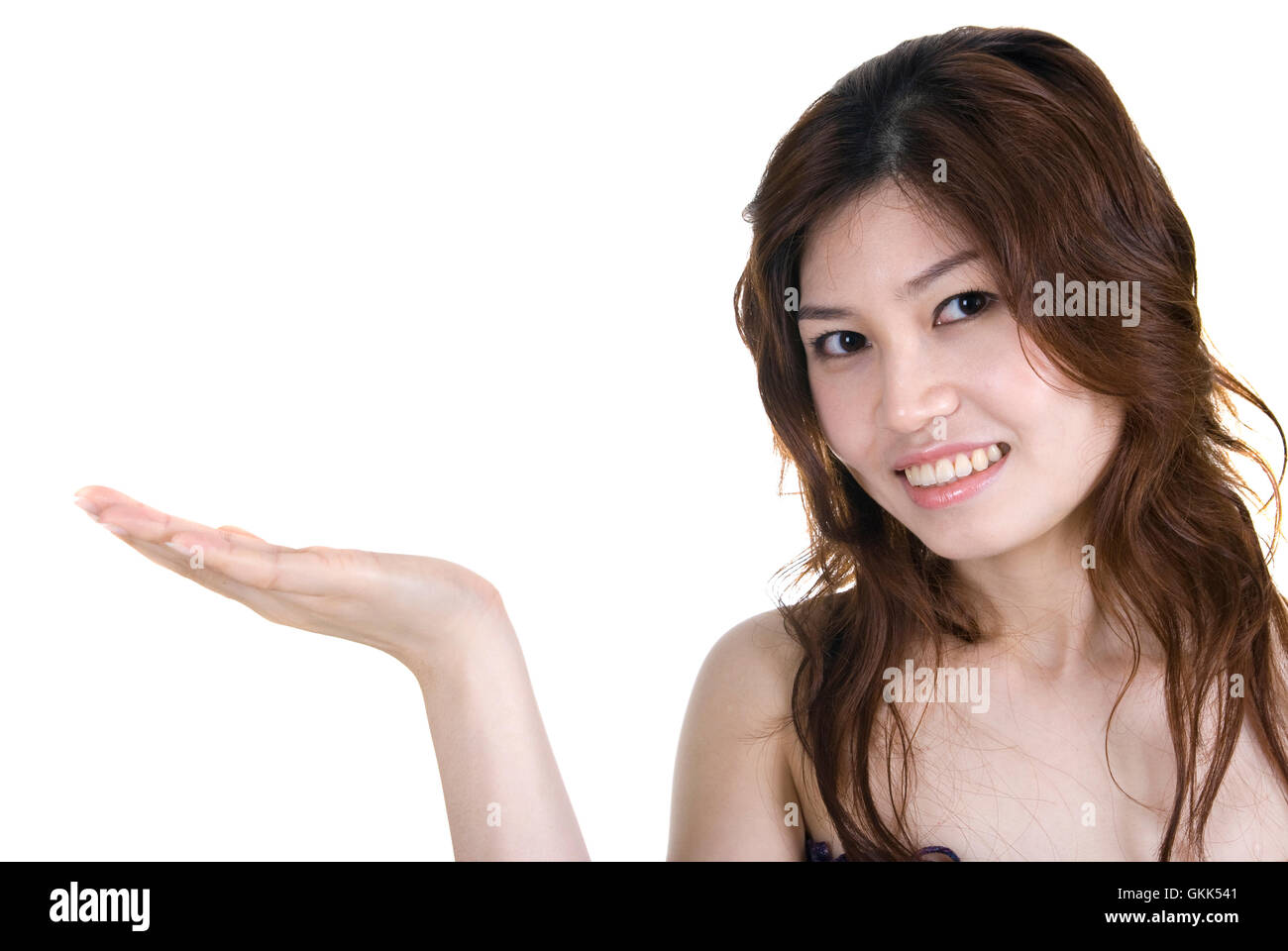 Asian girl with hand facing up Stock Photo - Alamy