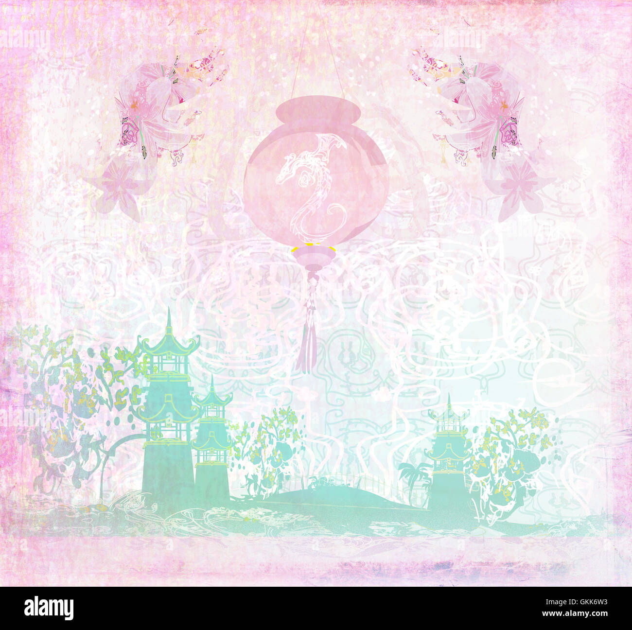 old paper with Asian Landscape and Chinese Lanterns - vintage japanese ...