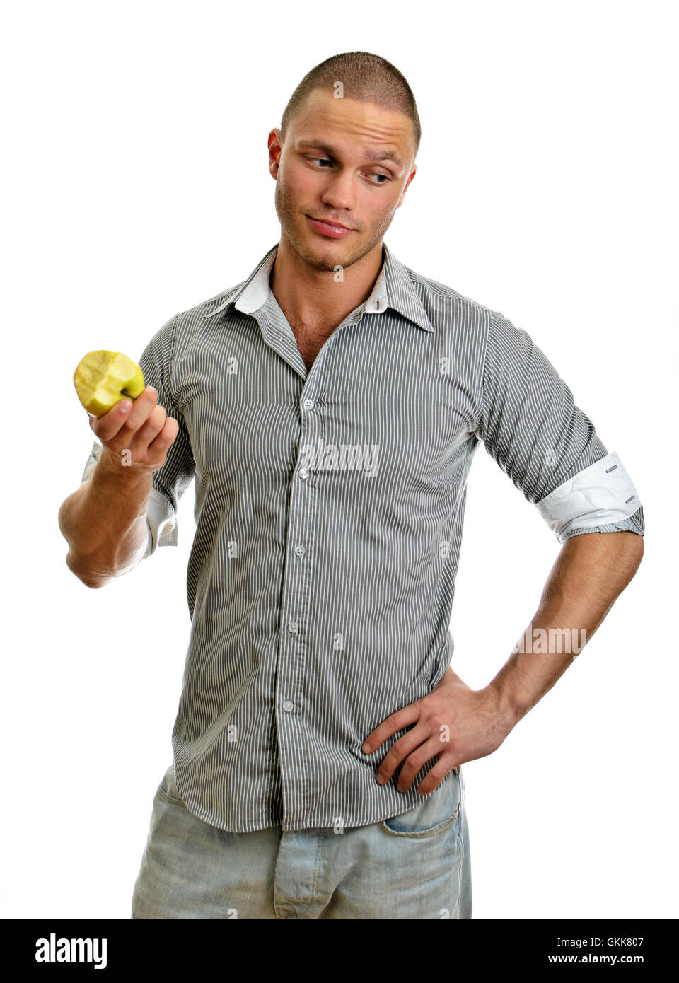 Man eating an apple. Isolated on white Stock Photo - Alamy
