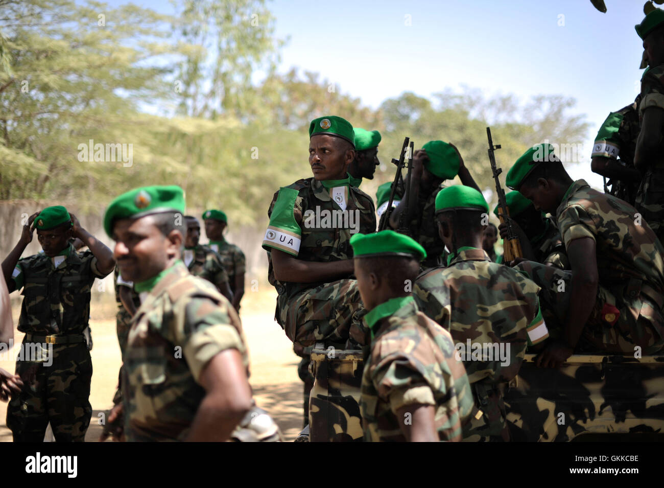 Ethiopian soldiers, wearing their new African Union berets, prepare for ...