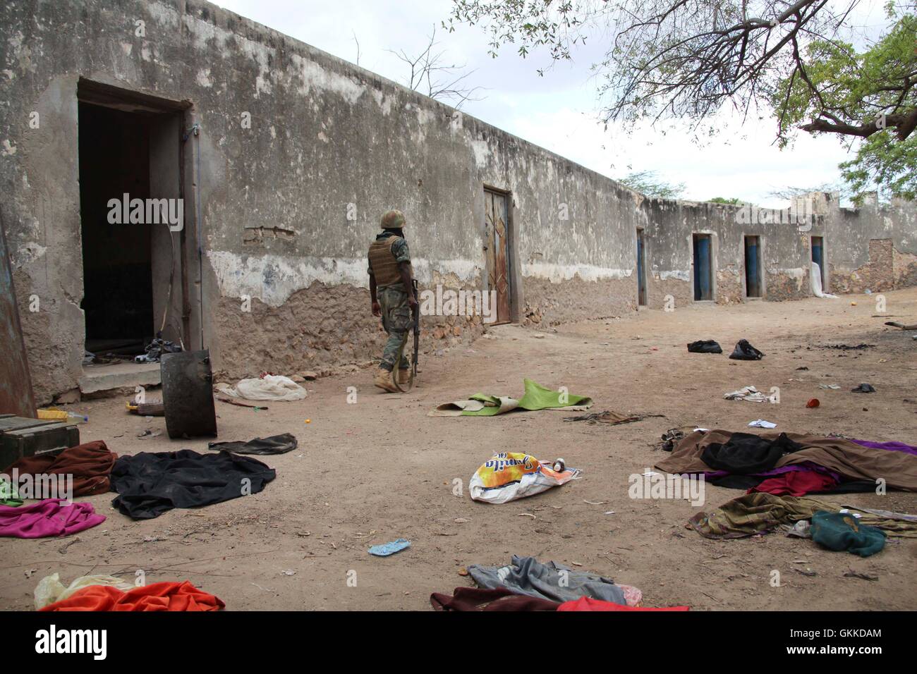 A Djiboutian soldier walks through a female jail operated by Al Shabab ...