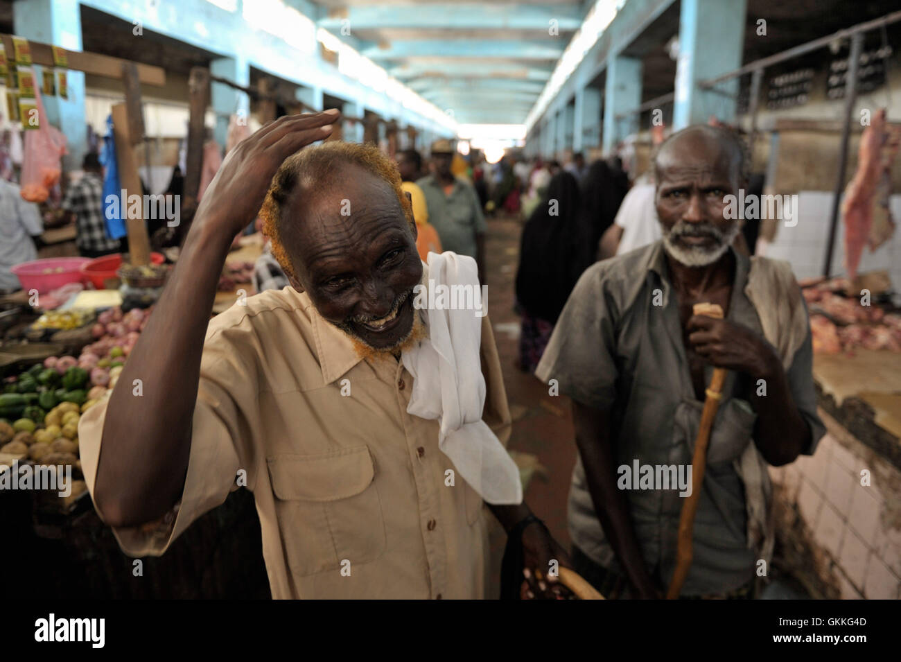 Two Somali men stand at Hamar Weyne meat market in Mogadishu on October ...