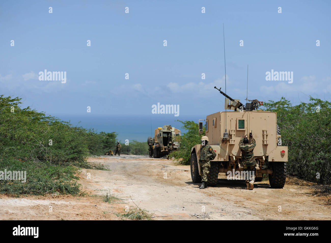 AMISOM vehicles positioned on a hill overlooking Barawe, a stronghold ...