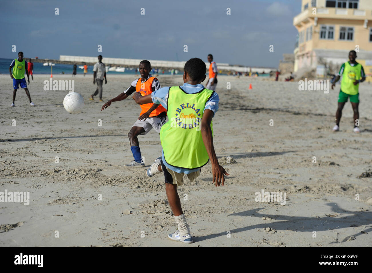 Heegan FC, a Somali Police football team, trains on Lido Beach in ...