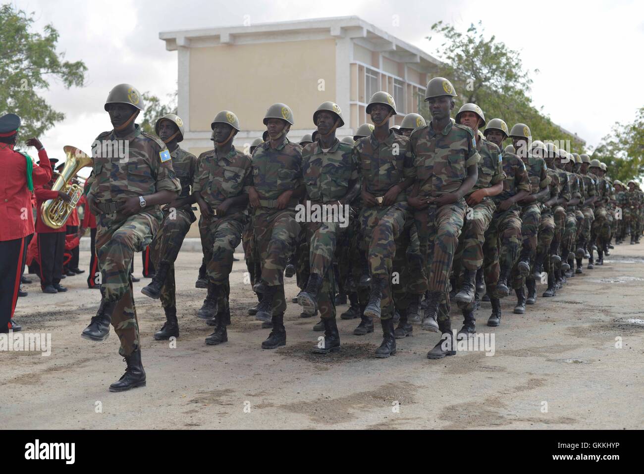 Somali National Army (SNA) soldiers march during the 55th Anniversary ...