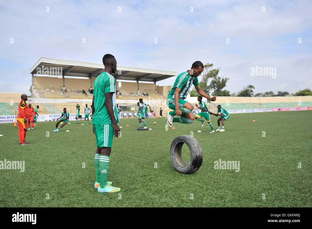 The Somalia national soccer team trains at Banadir Stadium in Mogadishu ...