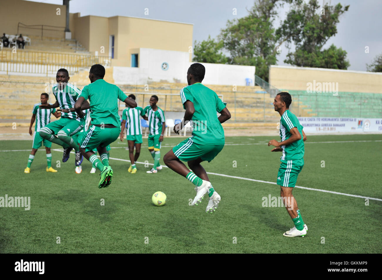 The Somalia national soccer team trains at Banadir Stadium in Mogadishu ...