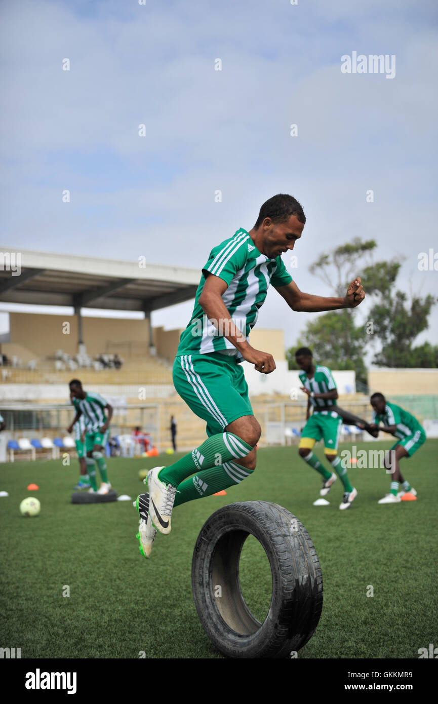 The Somali national soccer team conducts drills at Banadir Stadium in ...