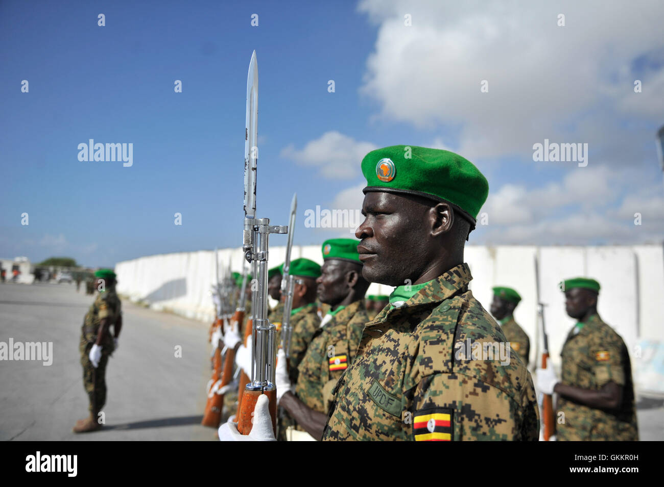 African Union soldiers participate in a guard of honour parade in ...