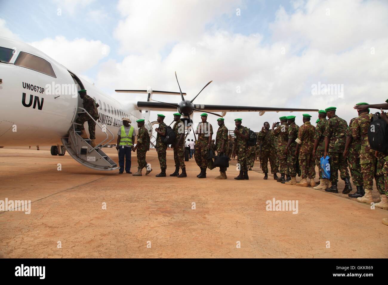 Kenya Defence Forces soldiers, who served under AMISOM, depart from Kismayo, Somalia, on January ...