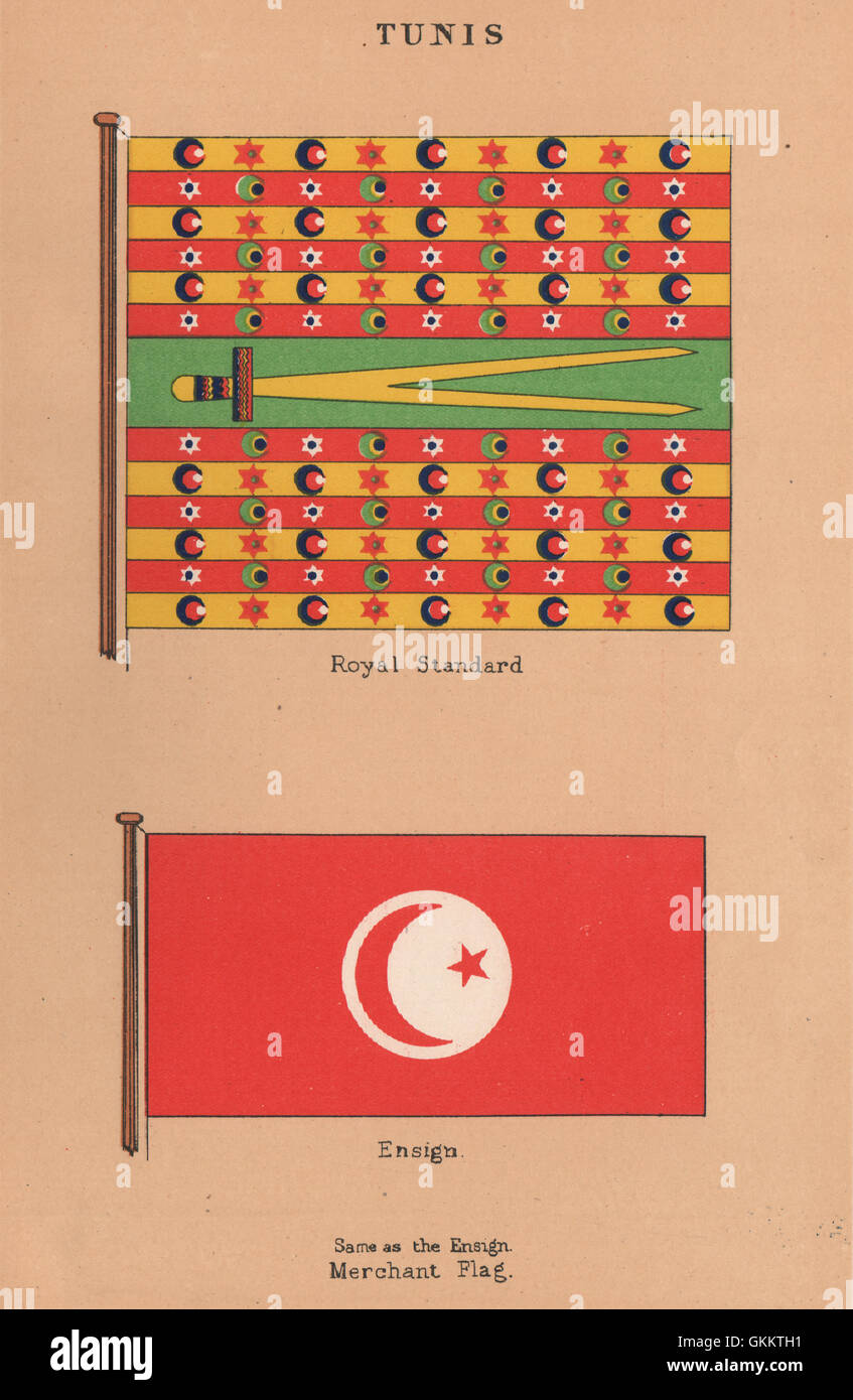 TUNISIAN FLAGS. Tunis. Royal Standard. Ensign. Merchant Flag, old print ...