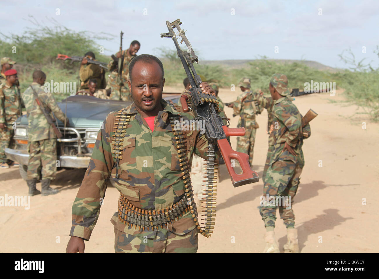 Somali National Army (SNA) soldiers prepare for an operation alongside ...
