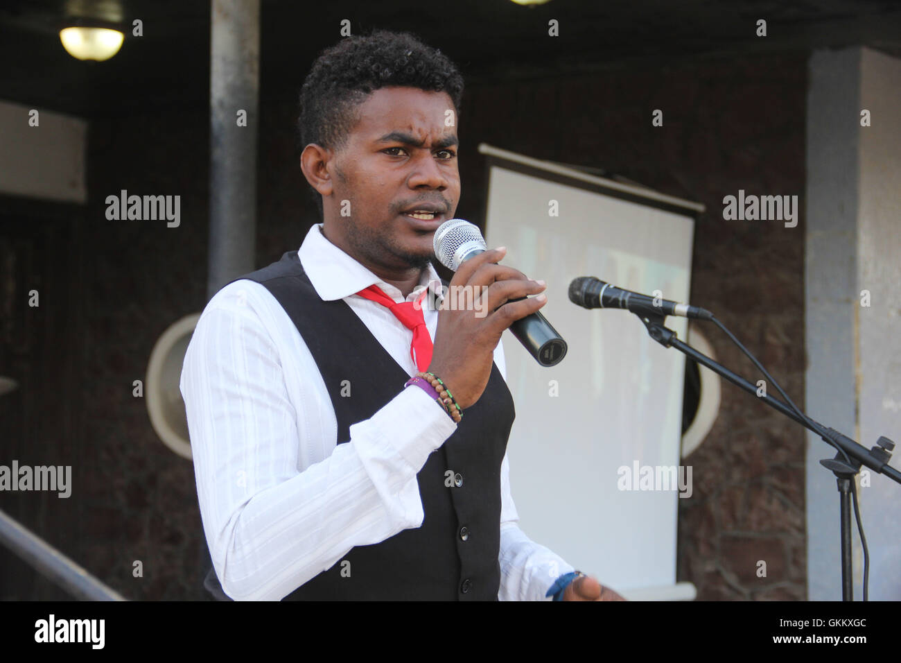 A Somali singer performs during the launch of the Somali Police Force's ...