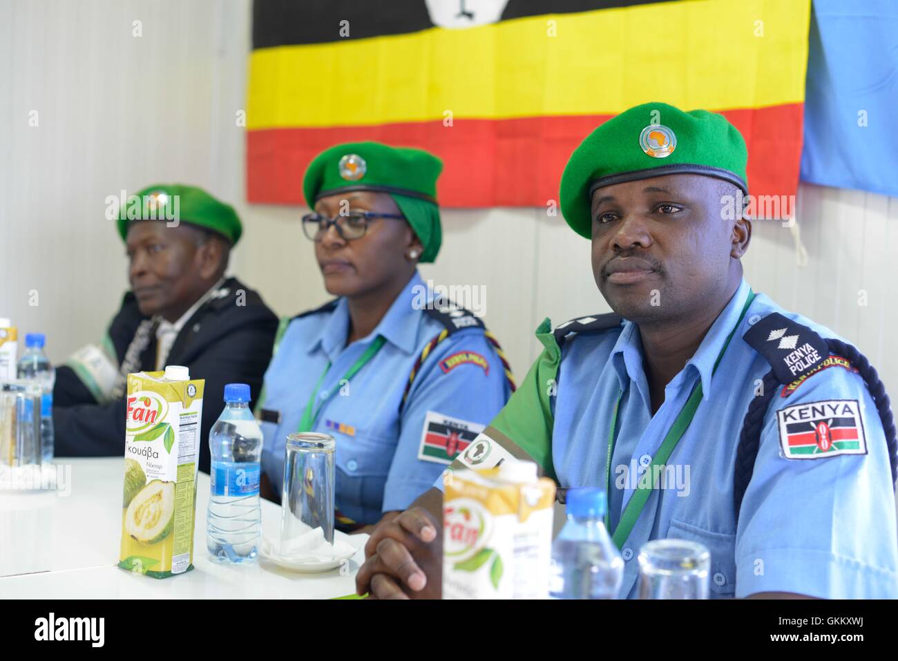 AMISOM police officers attend a farewell ceremony on August 3, 2016, to ...