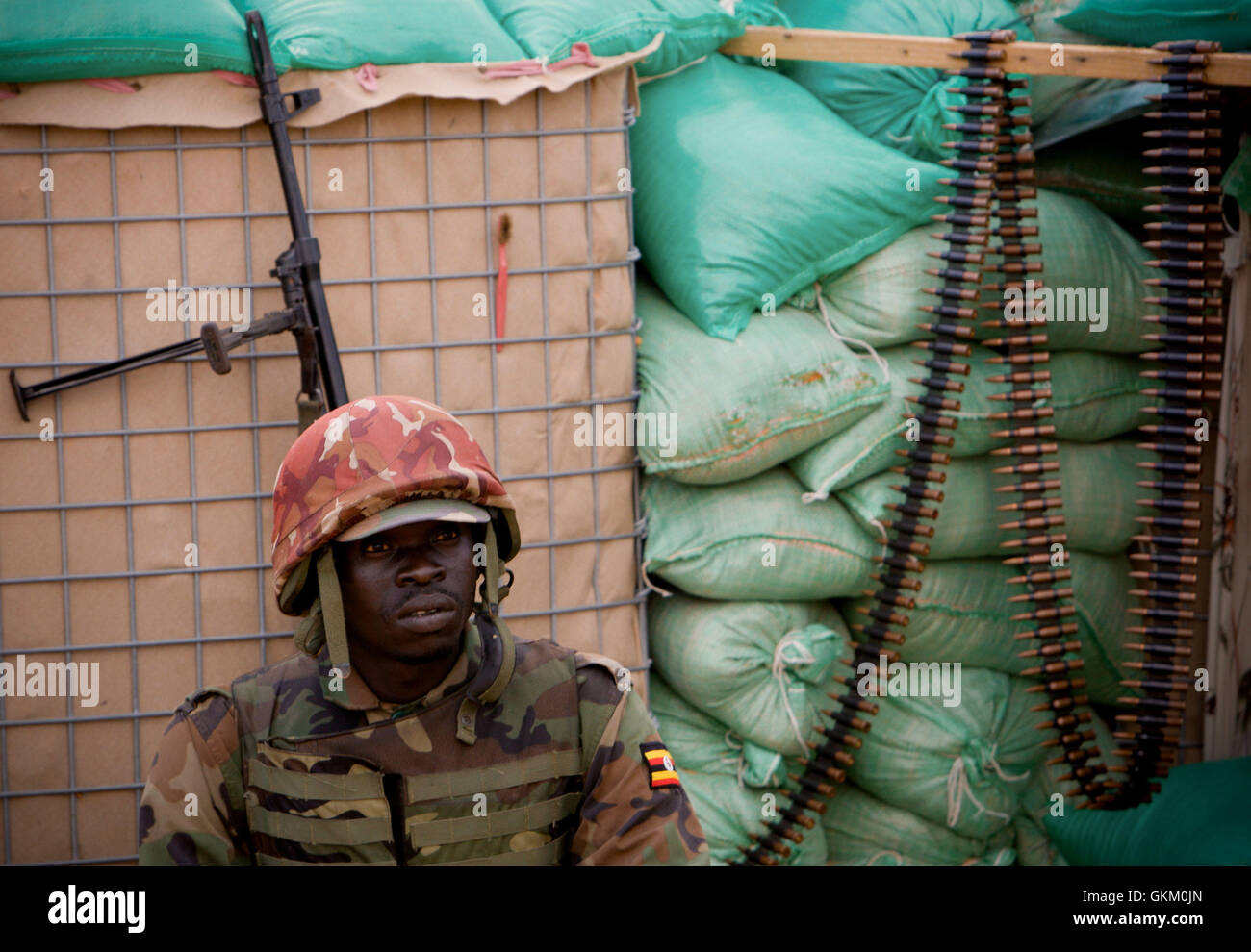On April 29, 2015, a Ugandan soldier with AMISOM was positioned at a ...