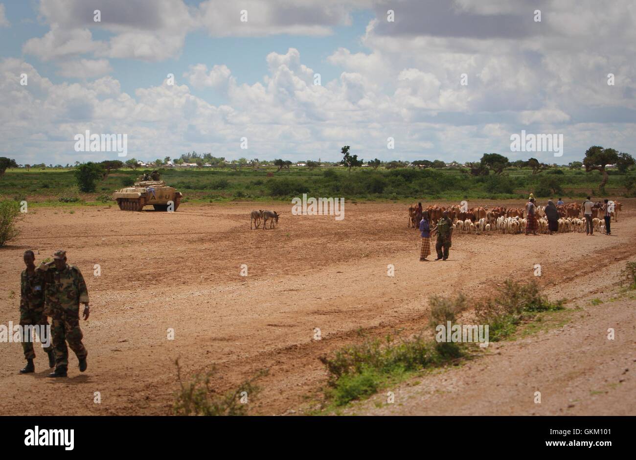 Somali civilians and their livestock pass an AMISOM armoured vehicle in ...
