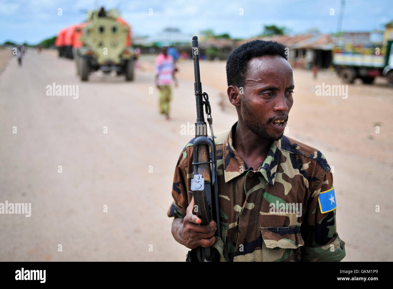 A Somali National Army (SNA) soldier patrols Wanla Weyn, a town ...