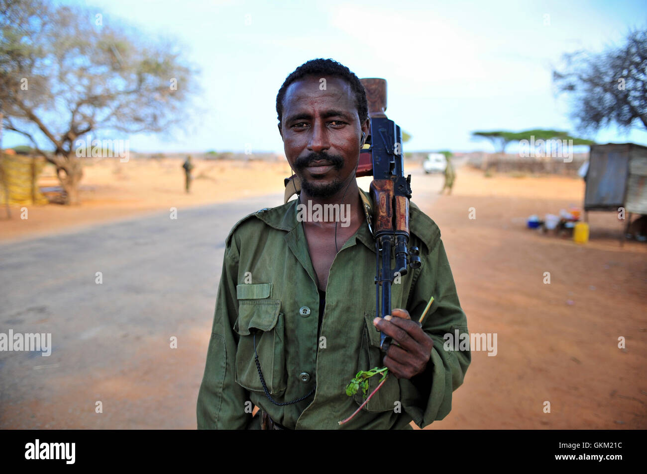 A Somali National Army soldier stands at Kismayo International Airport ...