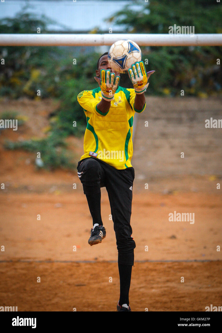 Elman FC goalkeeper trains in the Hodan District of Mogadishu on ...