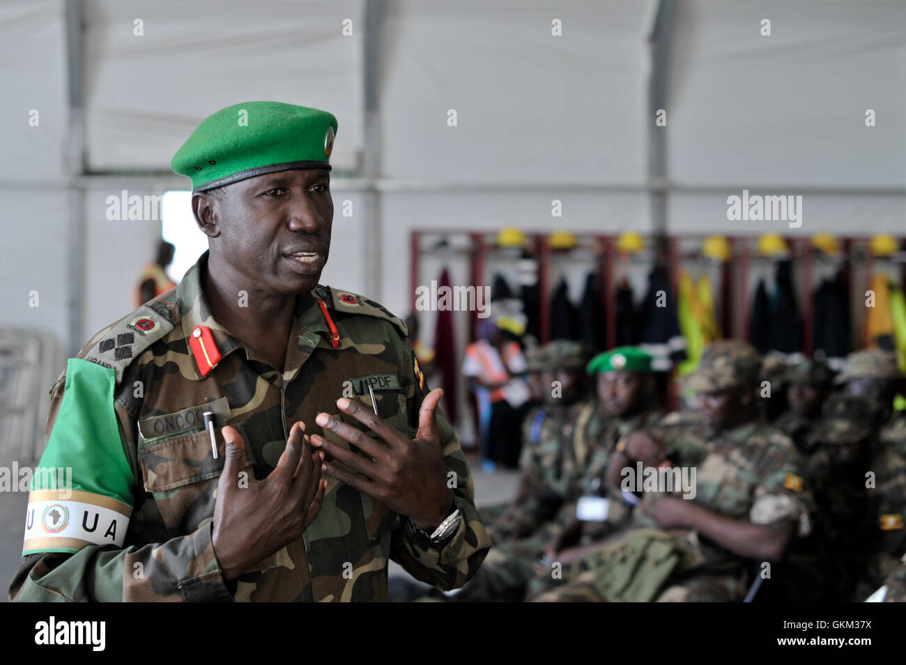 Brigadier General Michael Ondoga addresses soldiers before they return ...