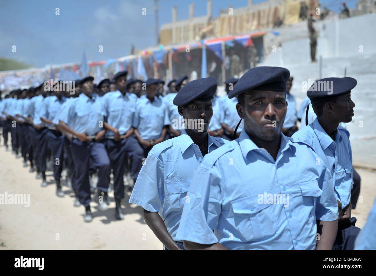 Members of the Somali Police Force march in a parade at Konis Stadium ...