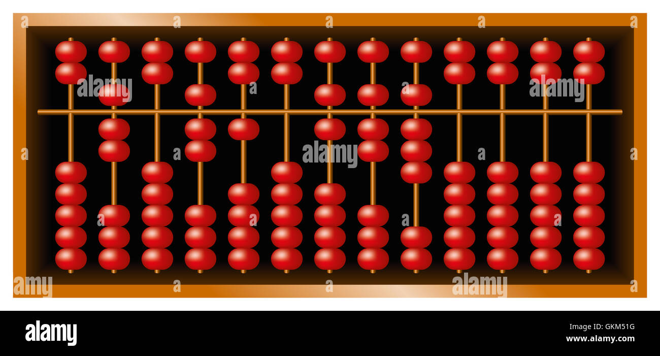 Suanpan Chinese abacus, also Suan Pan and souanpan. Counting frame and calculating tool with red ...