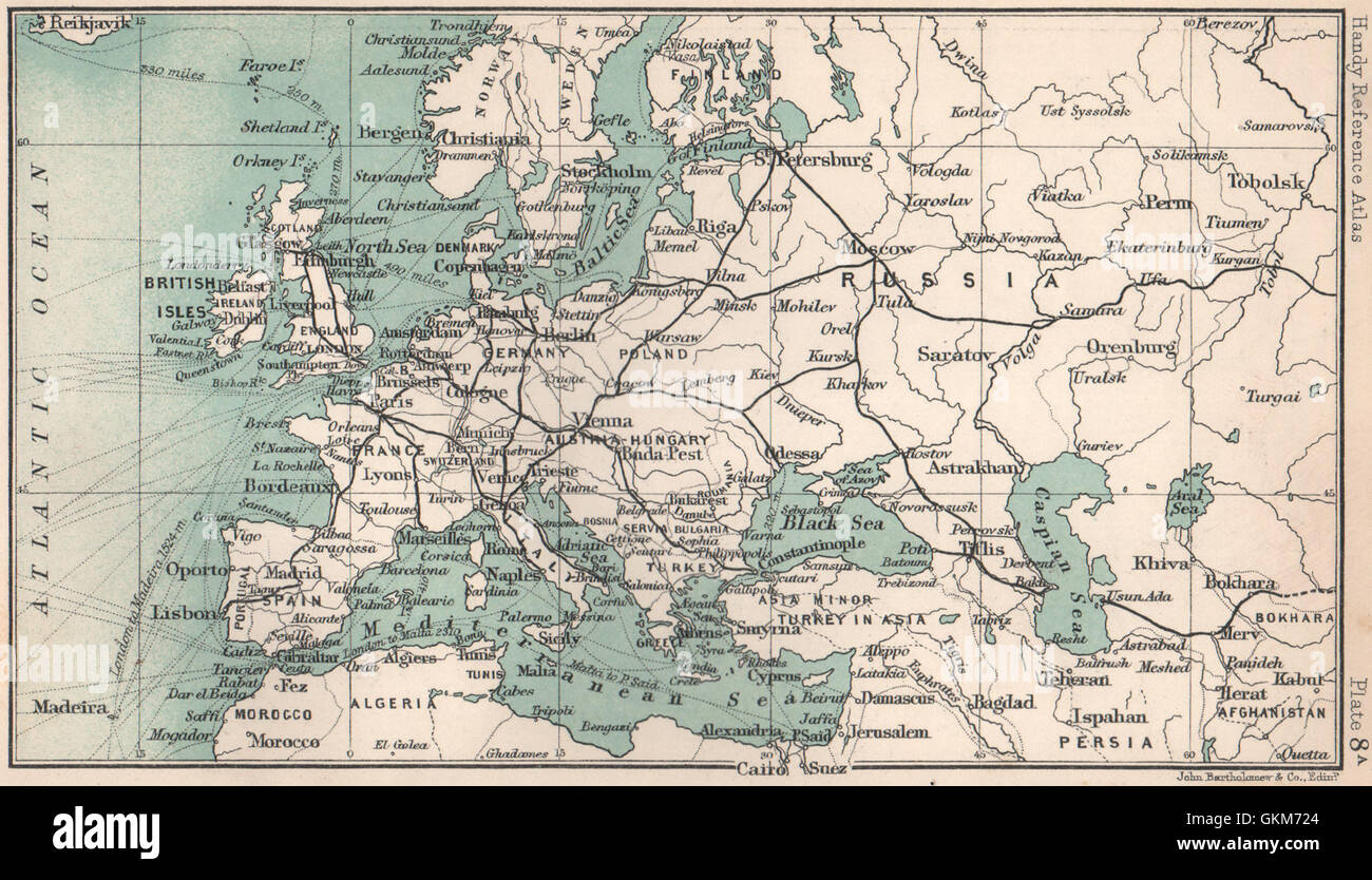 Europe major railways. BARTHOLOMEW, 1904 antique map Stock Photo - Alamy