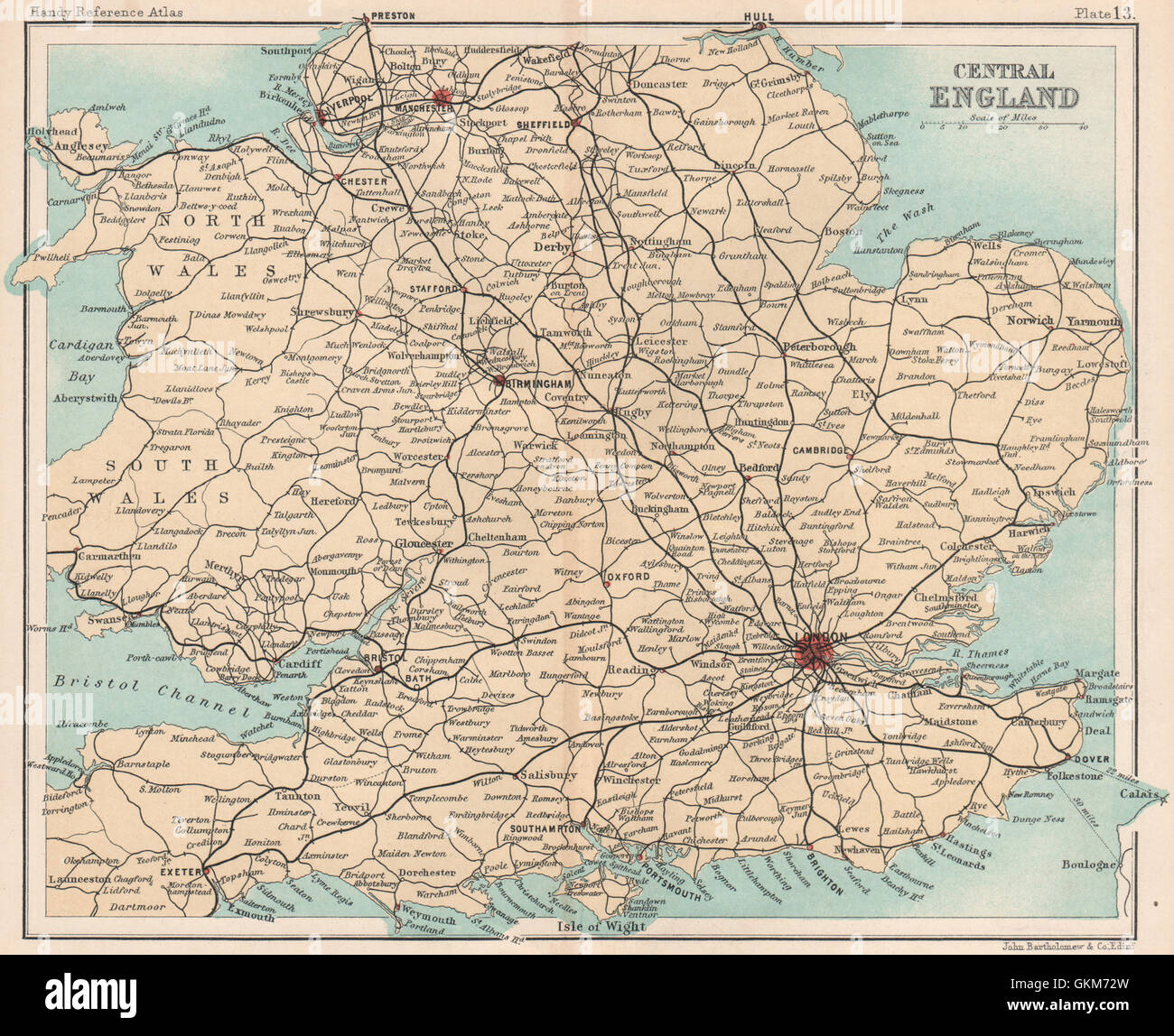 Central England railways. BARTHOLOMEW, 1904 antique map Stock Photo - Alamy