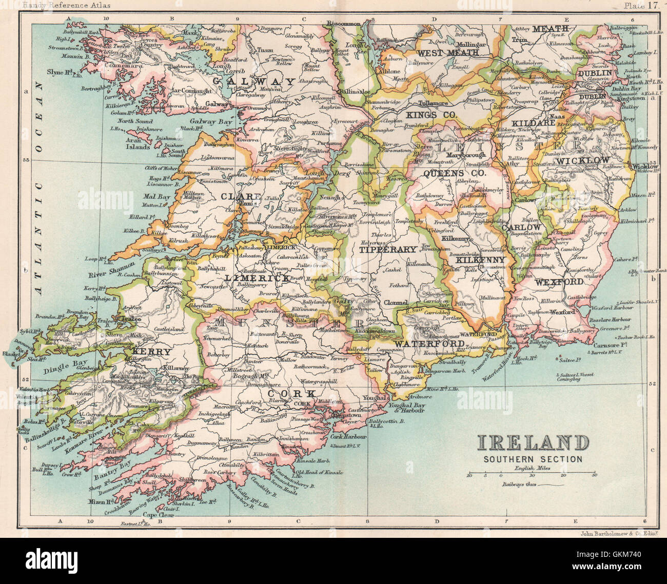 Ireland Southern Section. BARTHOLOMEW, 1904 antique map Stock Photo - Alamy