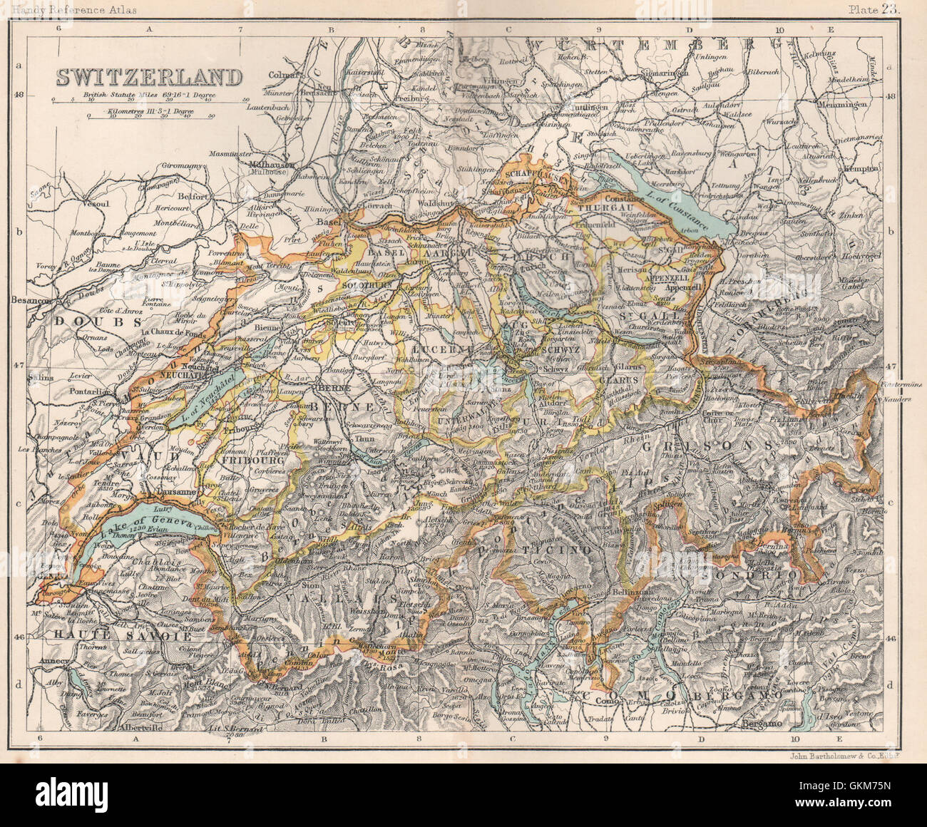 Switzerland showing cantons. BARTHOLOMEW, 1904 antique map Stock Photo ...