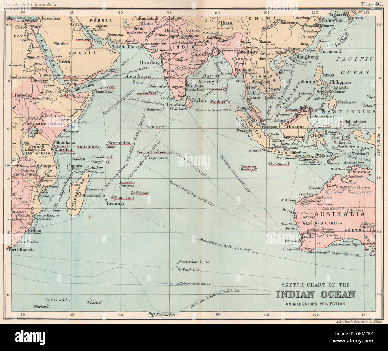 Sketch chart of the Indian Ocean. British territories in pink, 1904 old ...