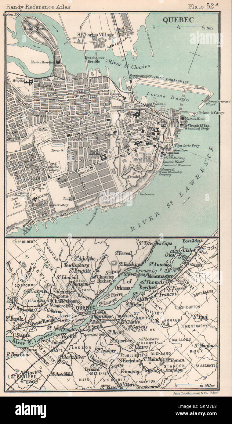 Quebec City plan and environs. Canada. BARTHOLOMEW, 1904 antique map ...
