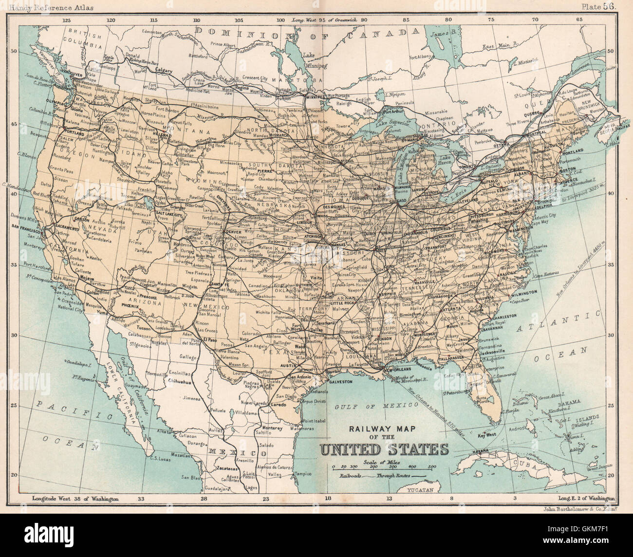 Railway Map of United States. USA. BARTHOLOMEW, 1904 Stock Photo - Alamy