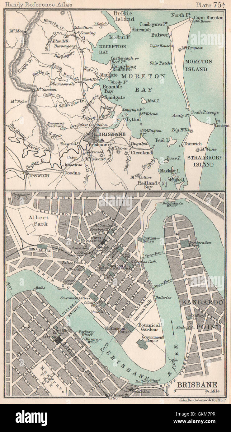 Brisbane town/city plan. Moreton Bay. Queensland. BARTHOLOMEW, 1904 old ...