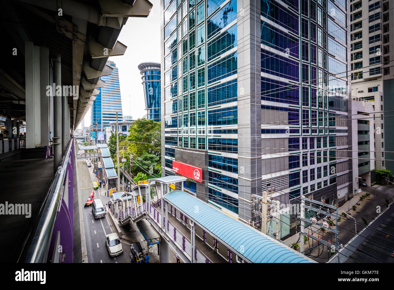 Elevated walkways and modern buildings at Surasak, in Bangkok, Thailand ...