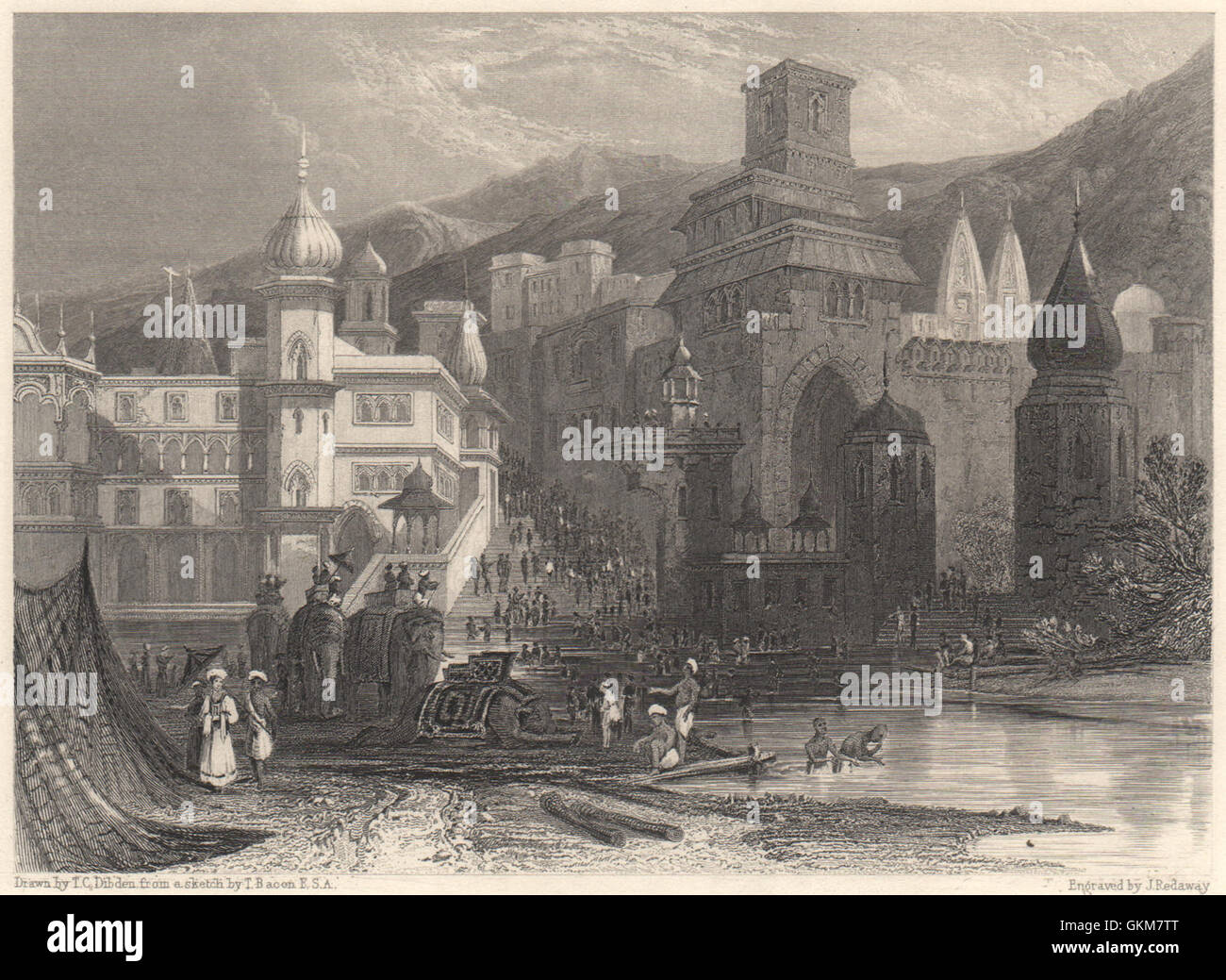 The Ghat, Haridwar. Hindus bathing in the Ganges. India, antique print ...
