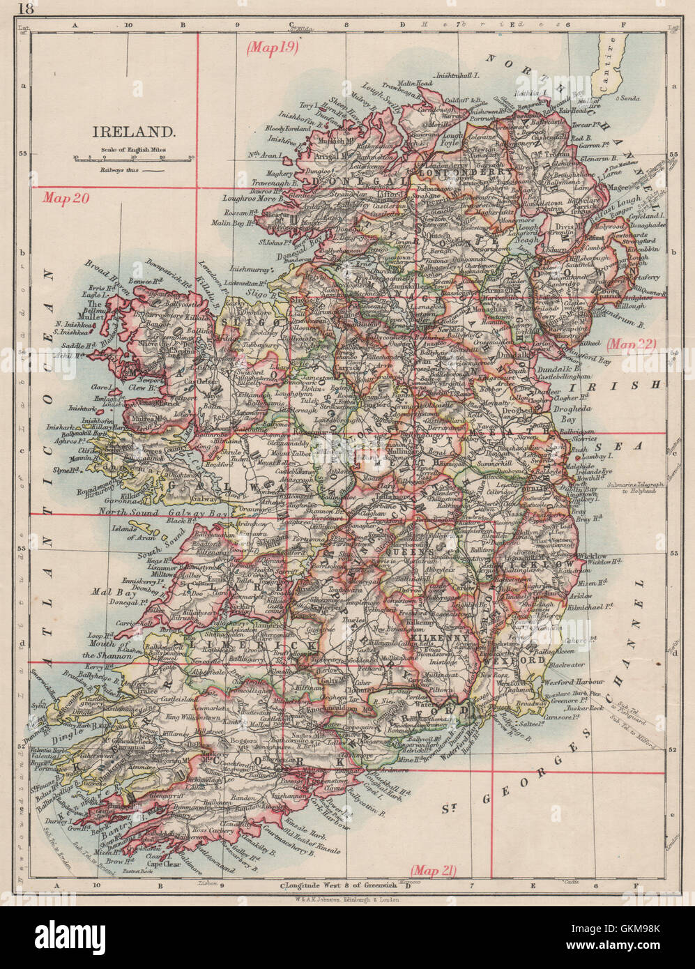 IRELAND. Showing counties. Undersea telegraph cables. JOHNSTON, 1900 ...