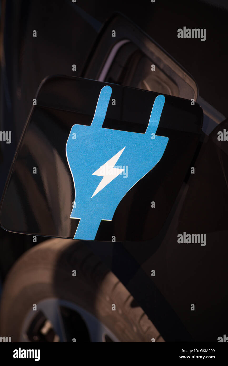 Close up shot of an electricity sign on an electric car's lid Stock ...