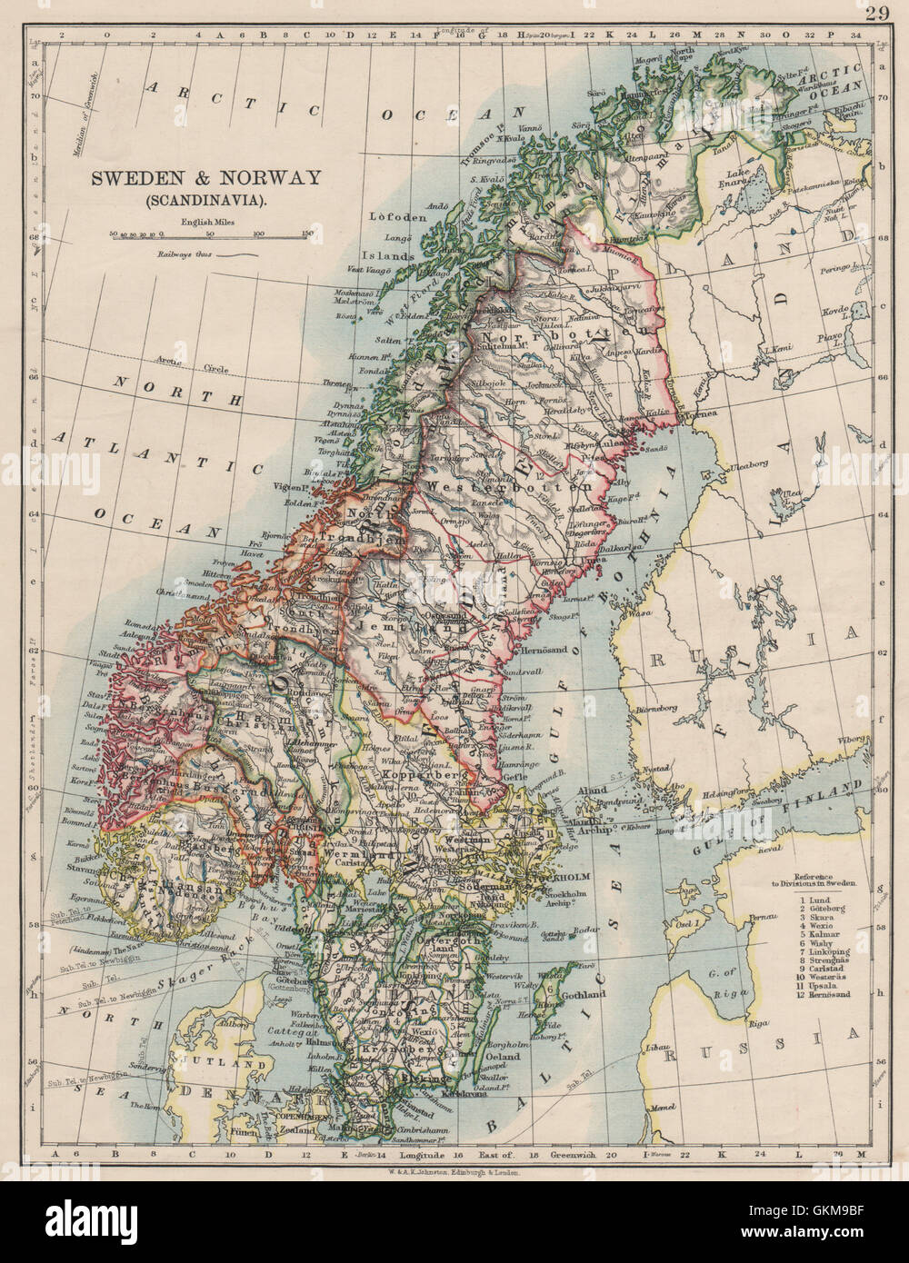 SCANDINAVIA. Sweden Norway.Railways Undersea telegraph cables. JOHNSTON ...