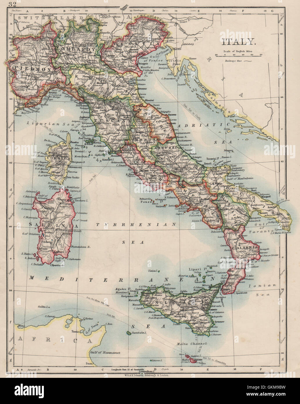 ITALY. Showing states/territorial divisions. JOHNSTON, 1900 antique map ...
