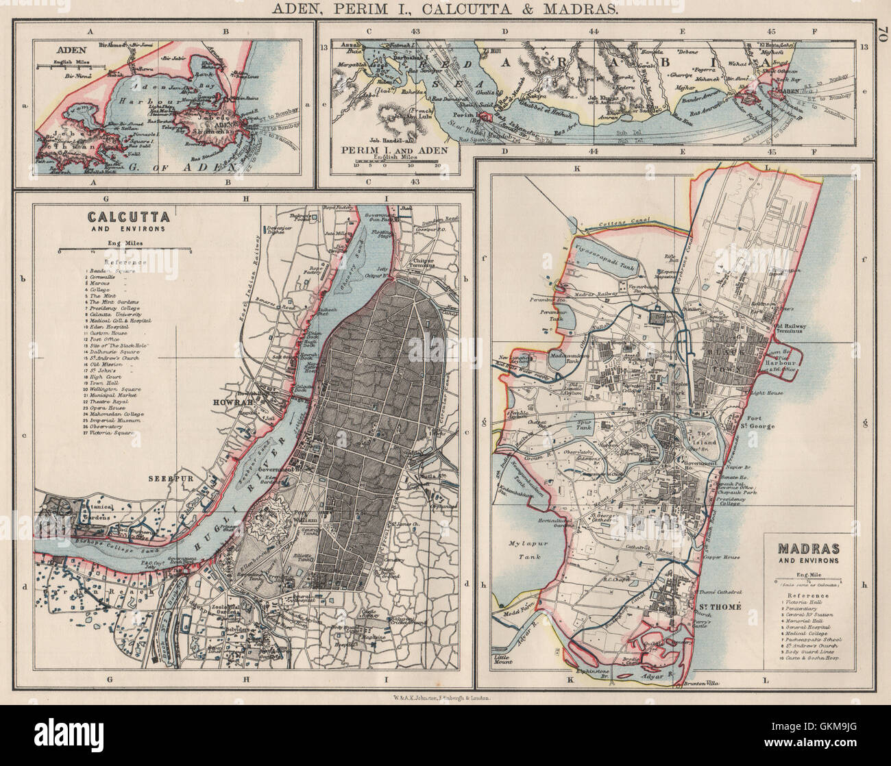 BRITISH INDIA CITIES.Calcutta & Madras plans. Also Aden/Perim.JOHNSTON ...