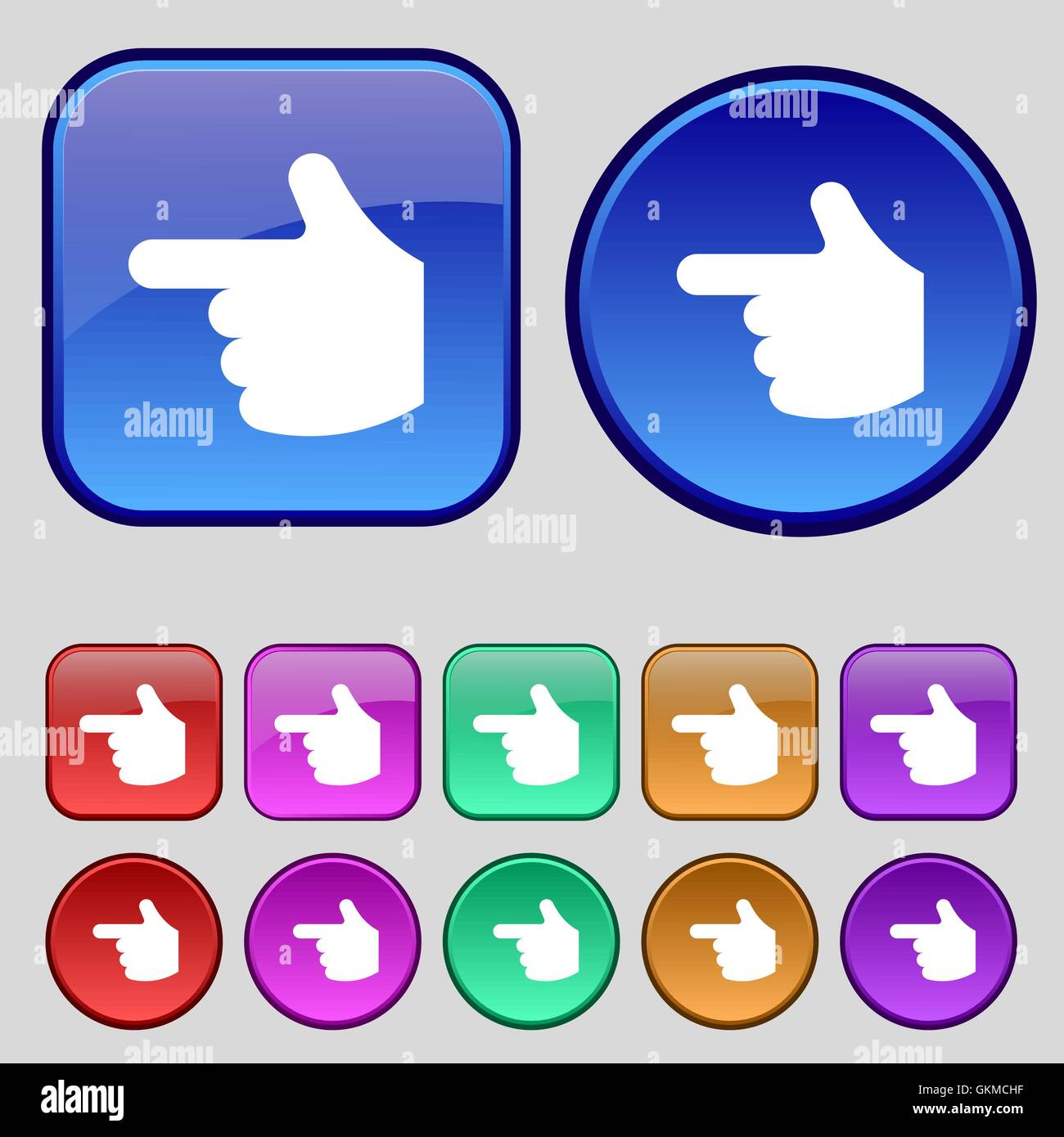 pointing hand icon sign. A set of twelve vintage buttons for your ...
