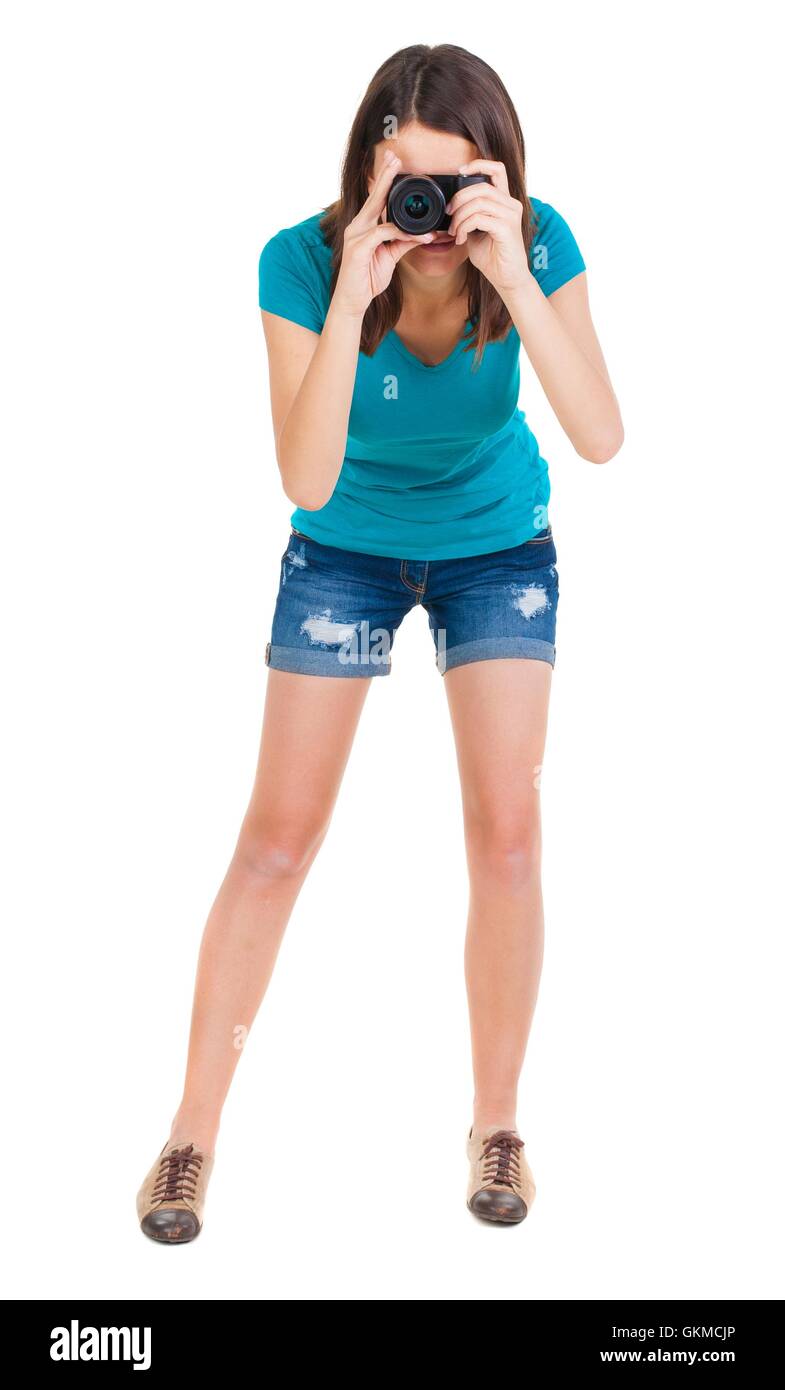 young woman in shorts photographed something compact camera Stock Photo ...