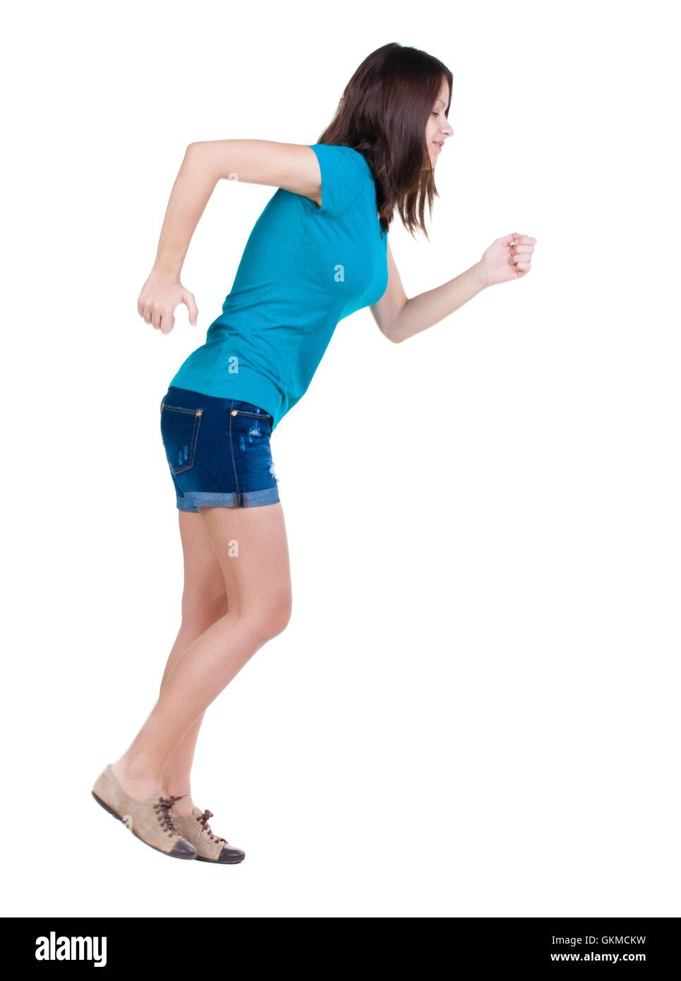 back view of running woman. beautiful brunette girl in motion Stock ...