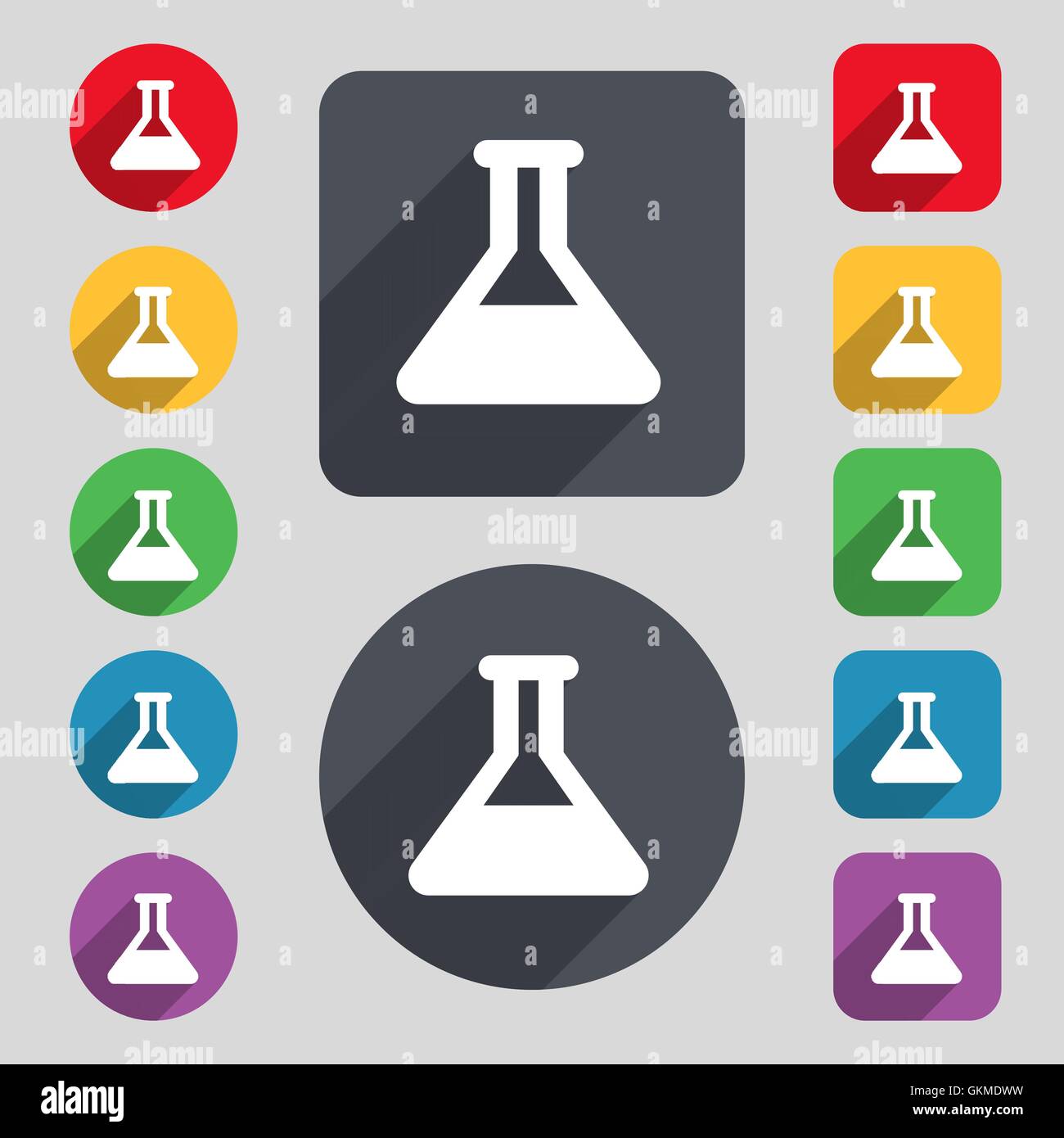 Conical Flask icon sign. A set of 12 colored buttons and a long shadow ...
