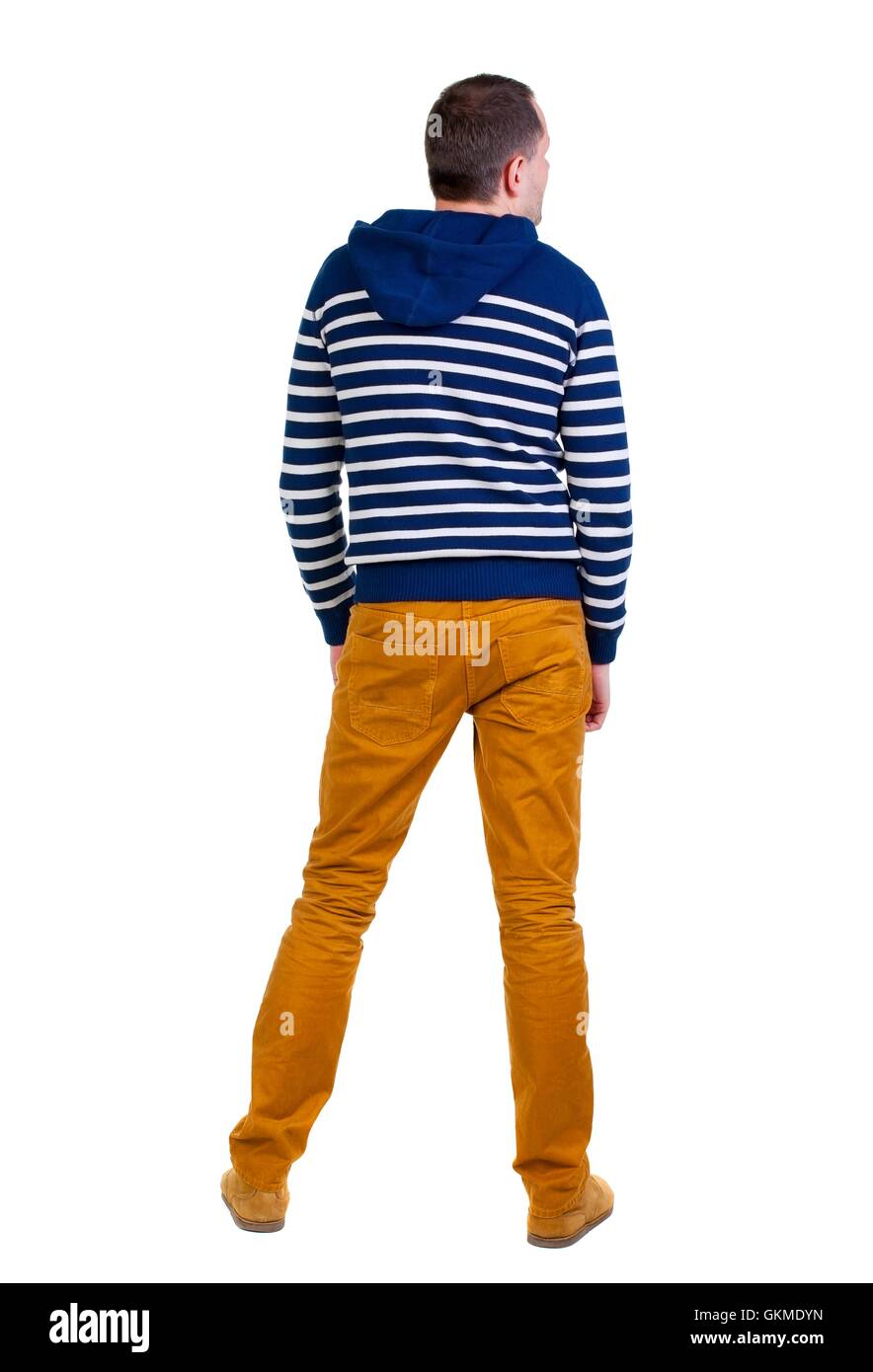 Back view of handsome man in striped hooded sweater Stock Photo - Alamy