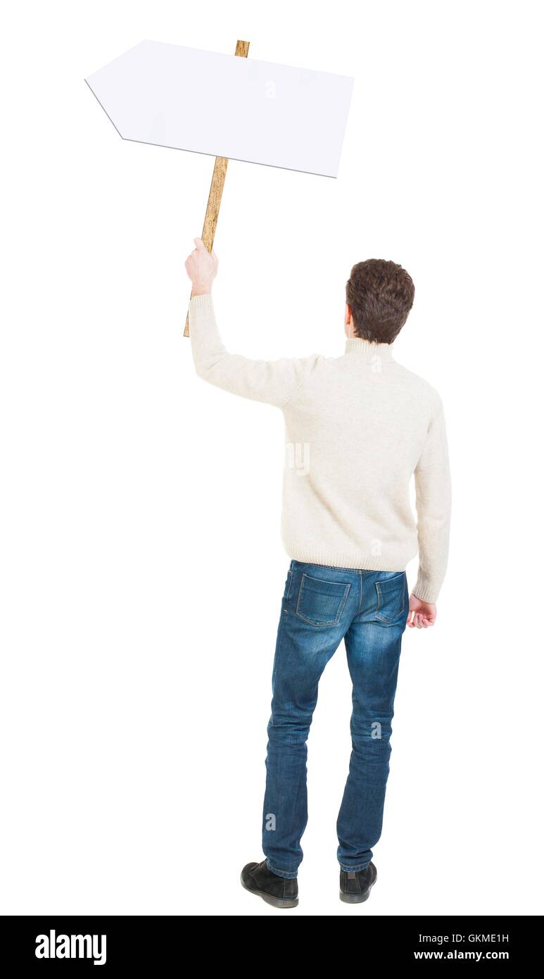 Back view man showing sign board. man holds information plate Stock ...