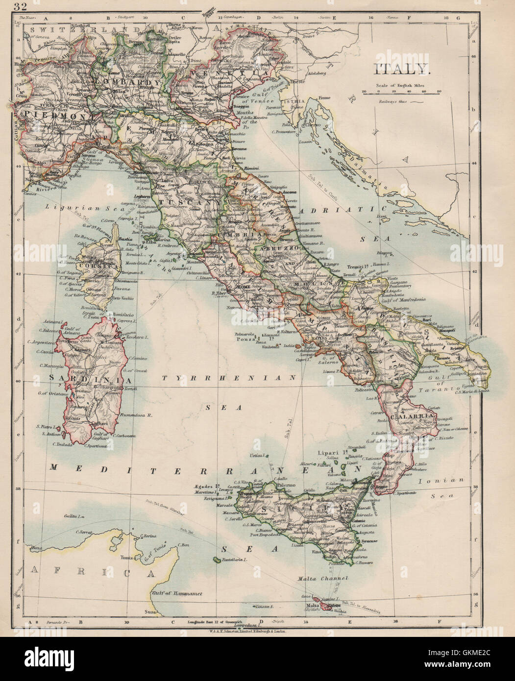 ITALY. Showing states/territorial divisions. JOHNSTON, 1903 antique map ...